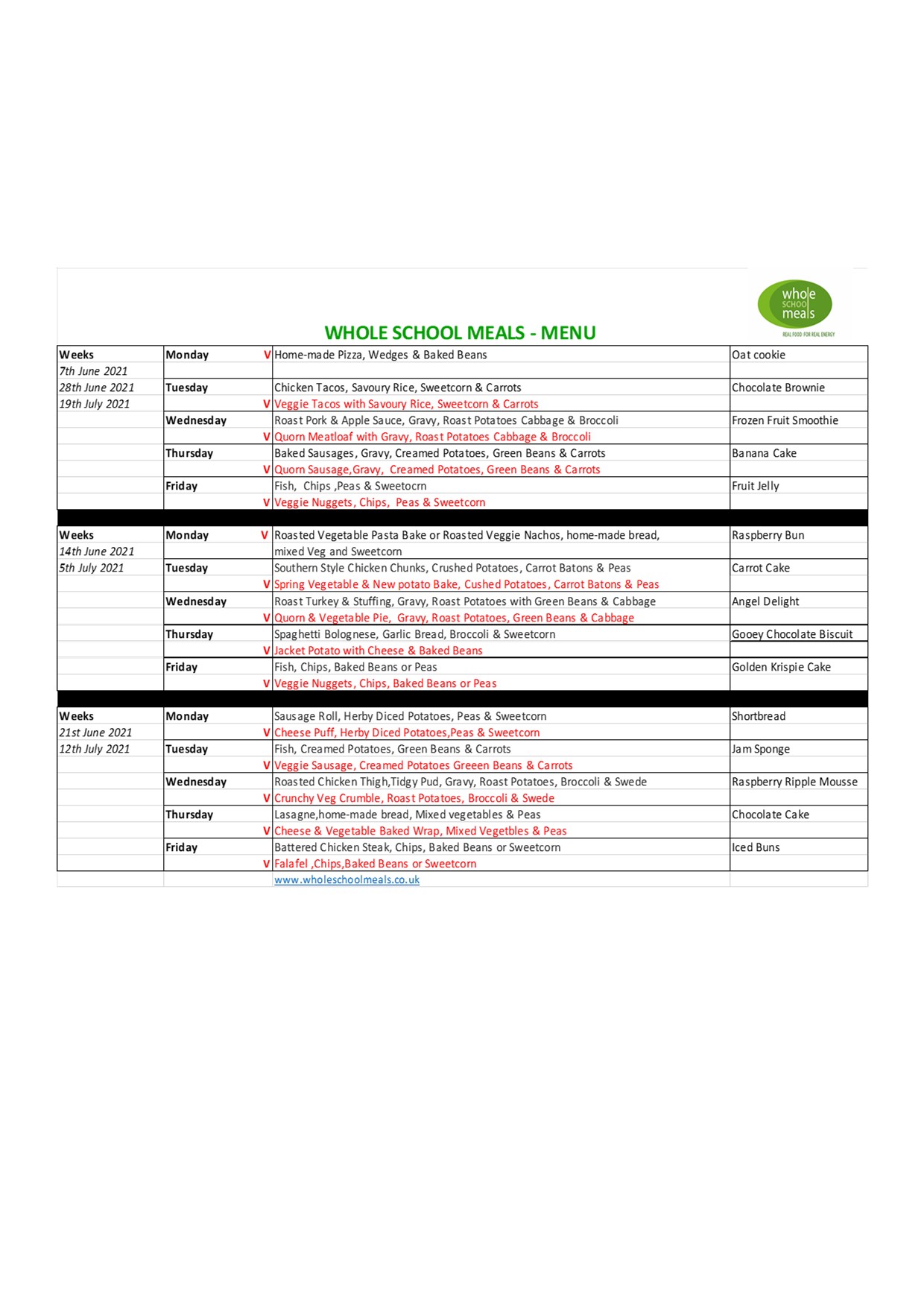 Primary School Menu - Whole School Meals